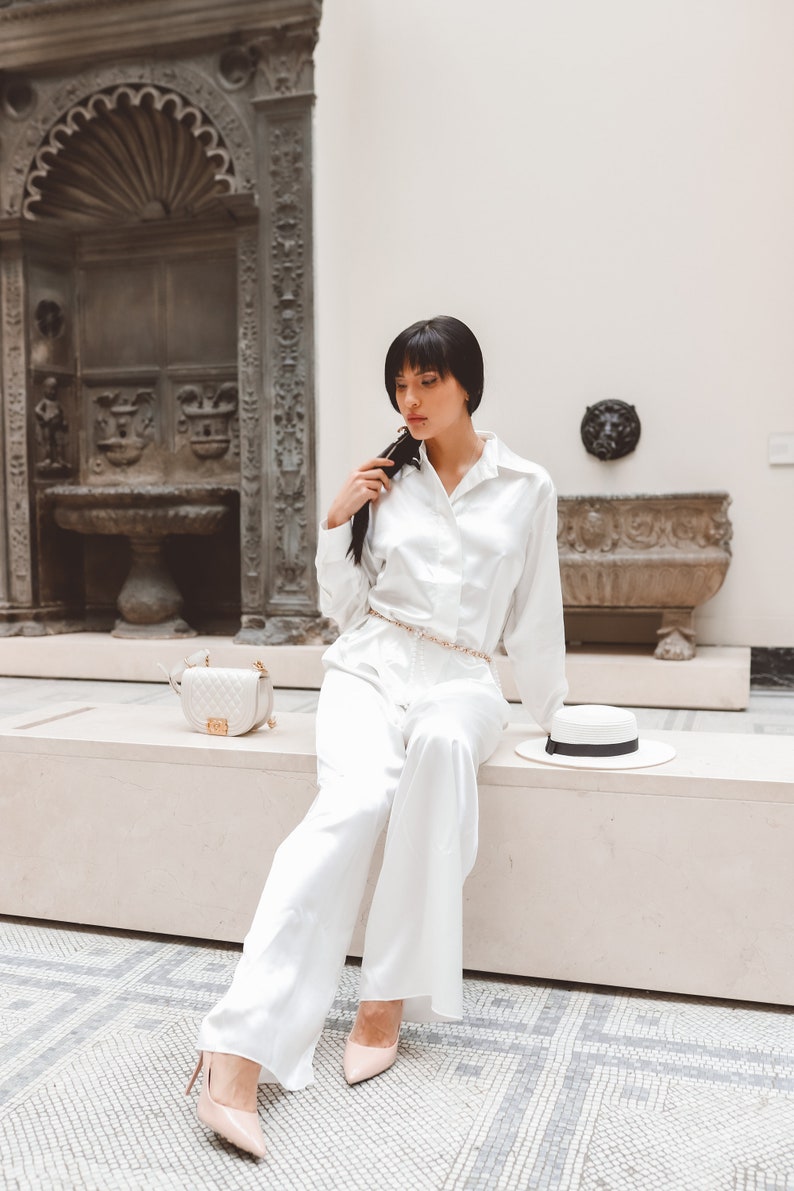Off White Satin Pants | Elastic Waist | Silk Wide Leg Pants| Loose ...