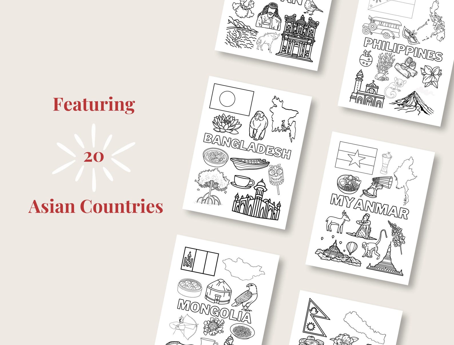 Printable Asia Countries Coloring Book Sheets for Kids Homeschool ...