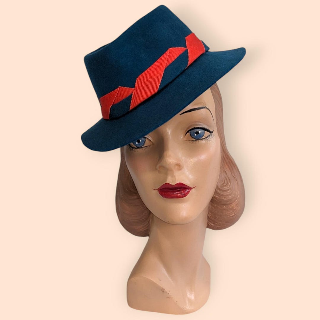 1940s Style Mini Fedora Tilt Hat, Teal Wool Felt With Coral Petersham ...