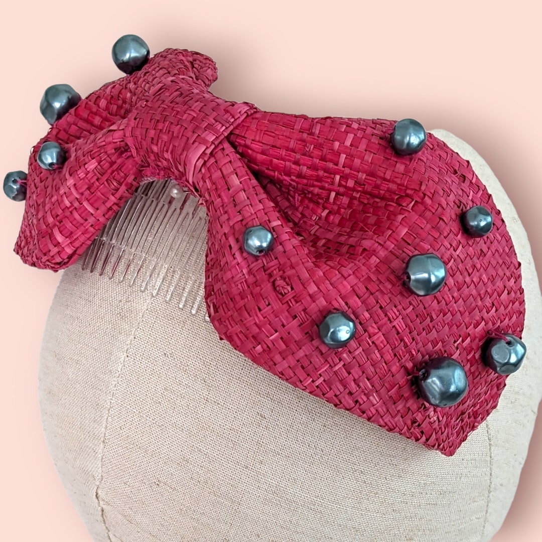 Peggy Hot Pink Raffia Bow Half Hat With Blue Vintage Pearl - Etsy