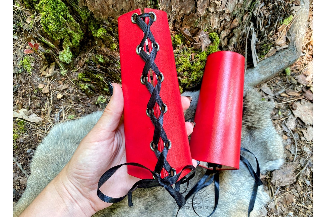 Handmade Red Leather Bracers, Red Gauntlet Armor for LARP Cosplay and ...