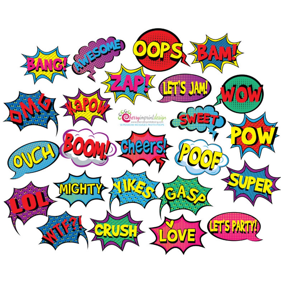 24 Funny Superhero Comic Action Bubbles Messages Photo Booth Props (two ...