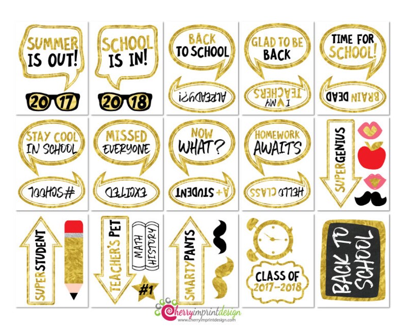 34 Back to School Photo Booth Props Gold and Black INSTANT - Etsy