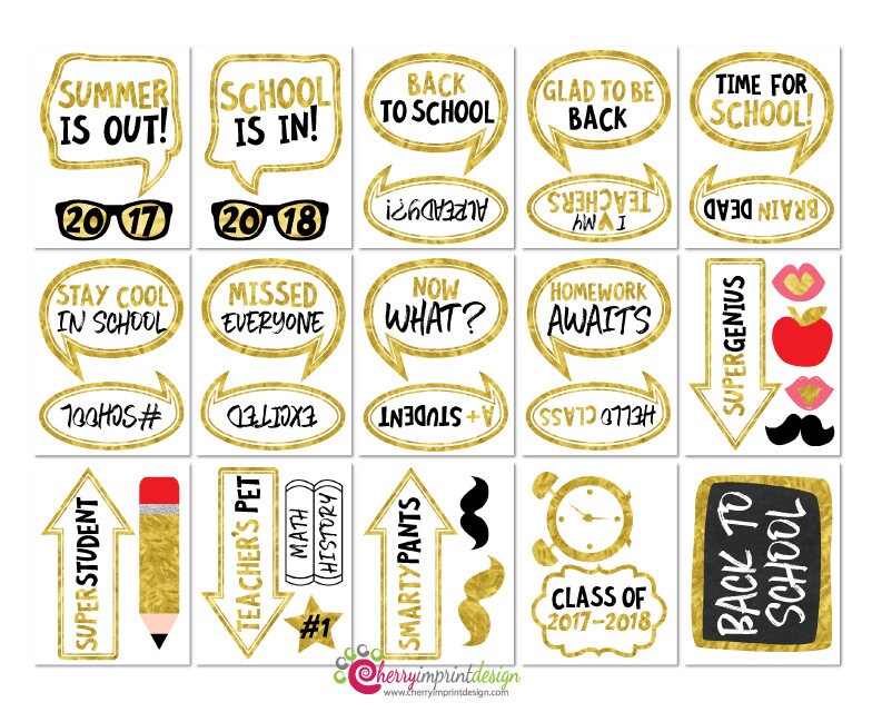 34 Back to School Photo Booth Props Gold and Black - INSTANT DOWNLOAD ...