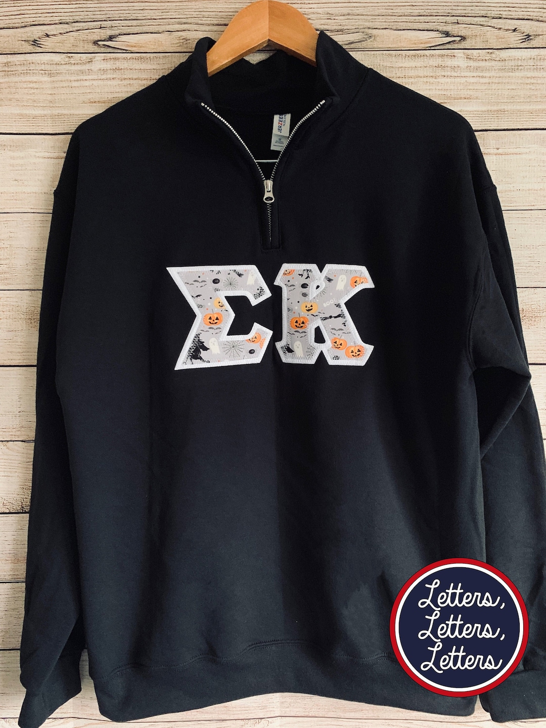 Halloween Ghost Witch Pumpkins Bats Gray Greek Lettered Stitched Shirt ...