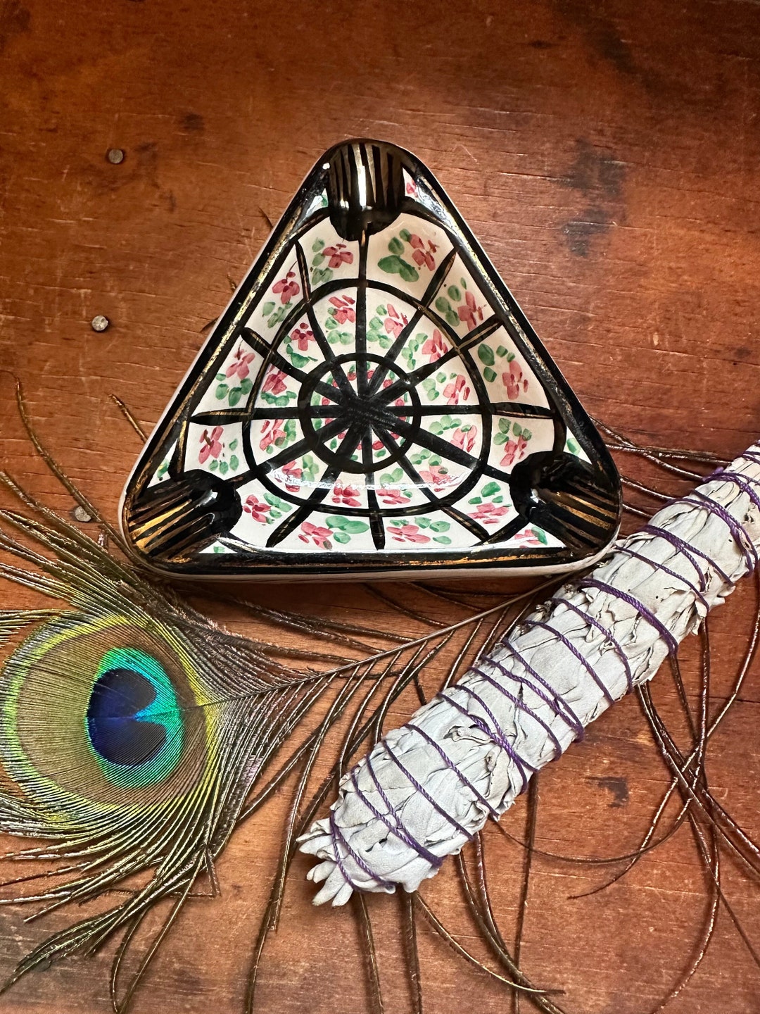 Vintage Funky Triangular Porcelain Ashtray Trinket Dish Hand Painted ...
