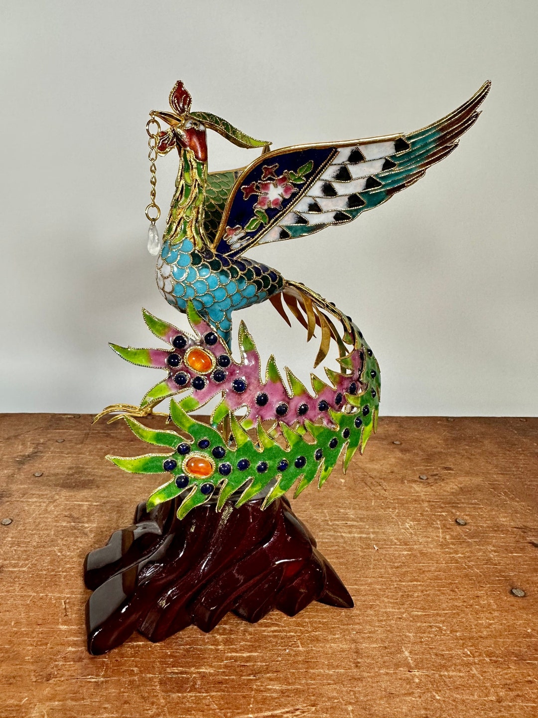 Vintage Cloisonné Phoenix Figurine Statue on Wood Base - Etsy
