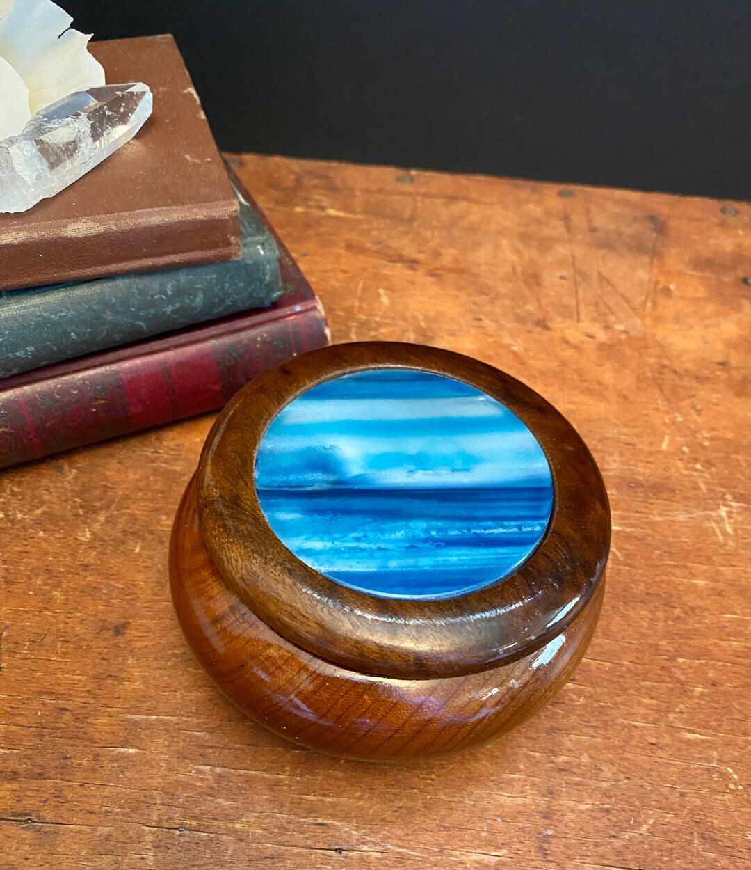 Handmade Wooden Trinket Box With Blue Agate Inlay Retro From Brazil ...