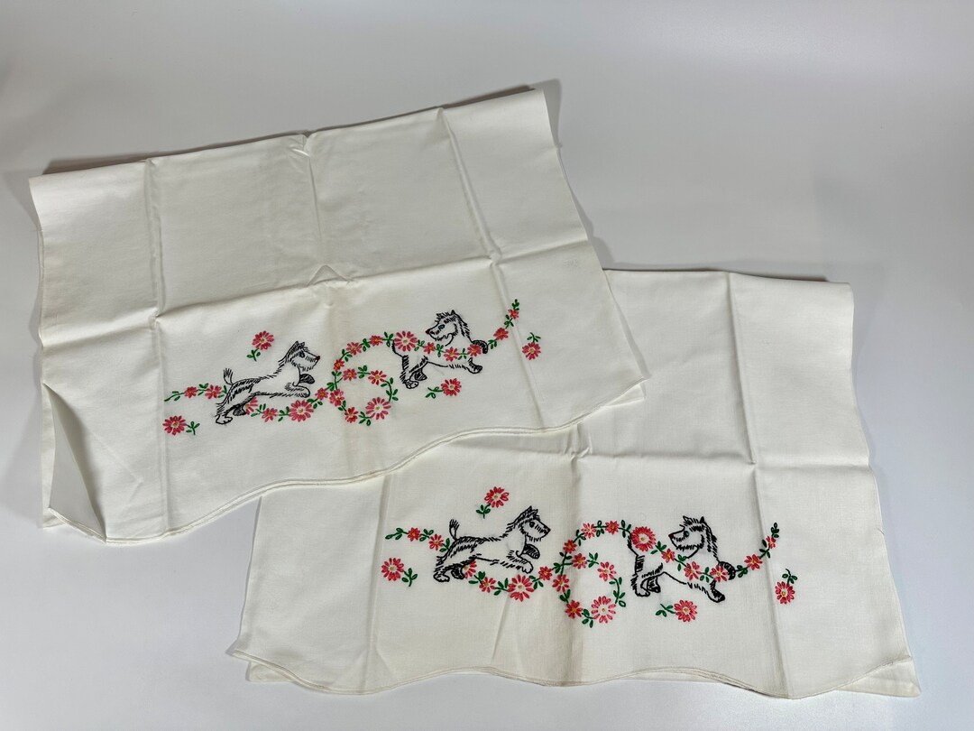 Pair Vintage Hand Embroidered Pillowcase Set Scottie Dogs Pink Flowers ...