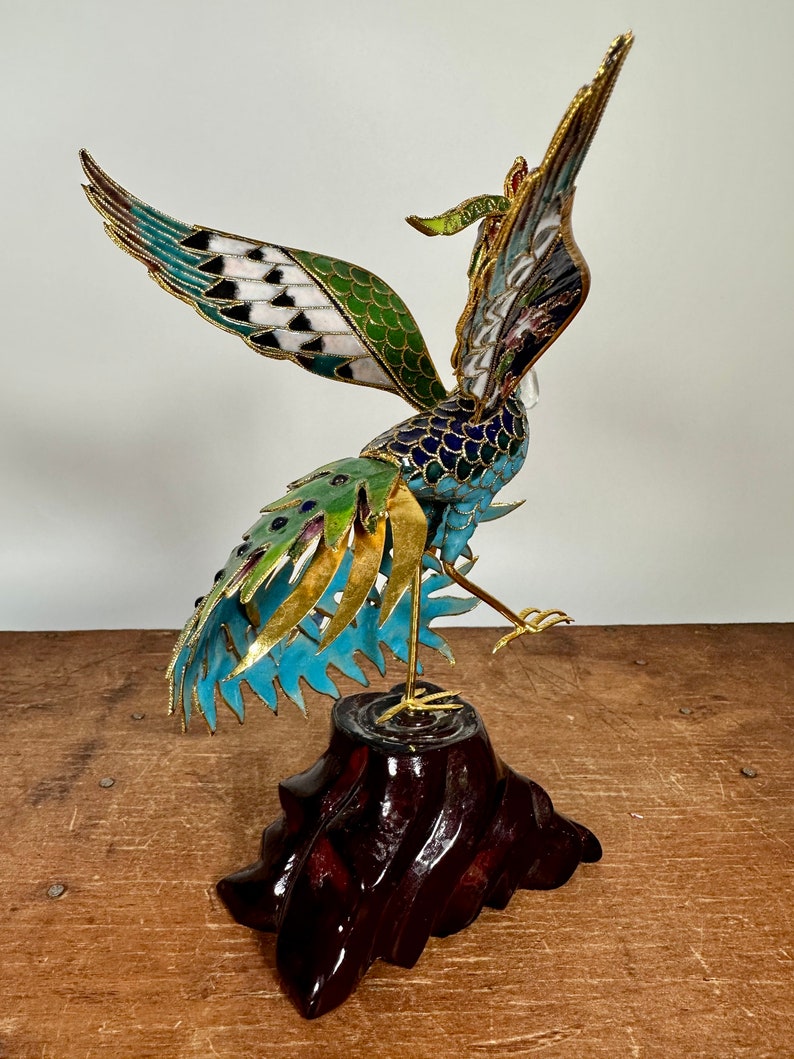 Vintage Cloisonné Phoenix Figurine Statue on Wood Base - Etsy