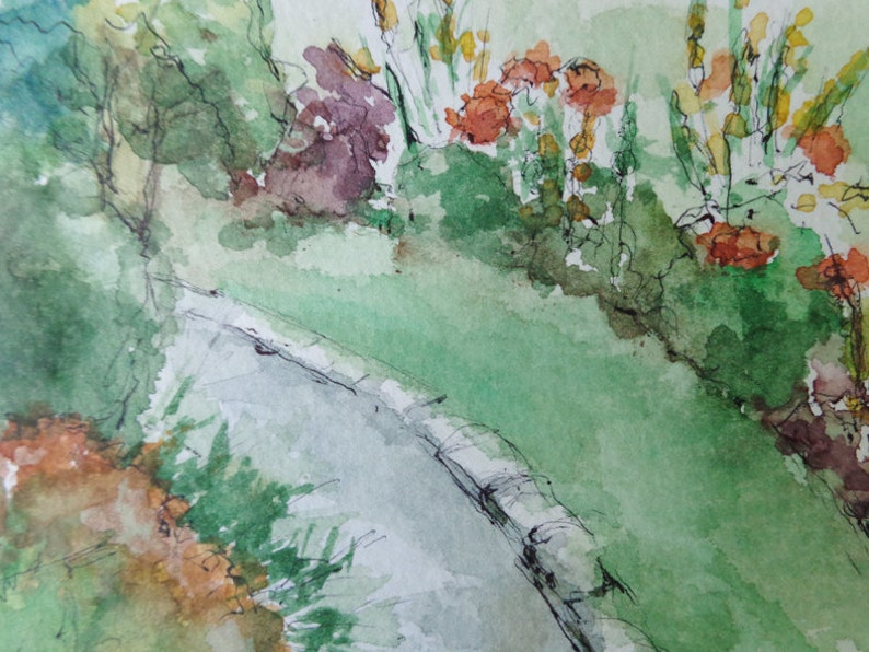 Garden Path. Original Watercolor Painting With Green Purple - Etsy