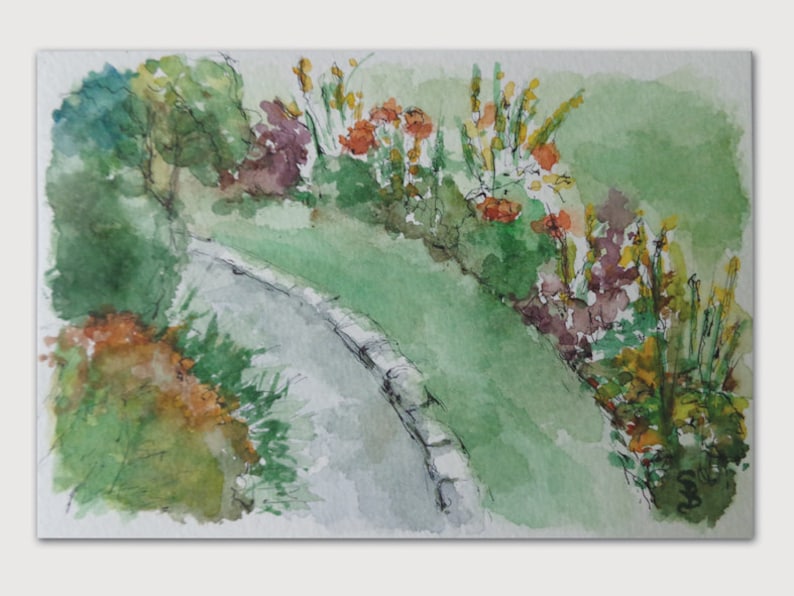 Garden Path. Original Watercolor Painting With Green Purple - Etsy