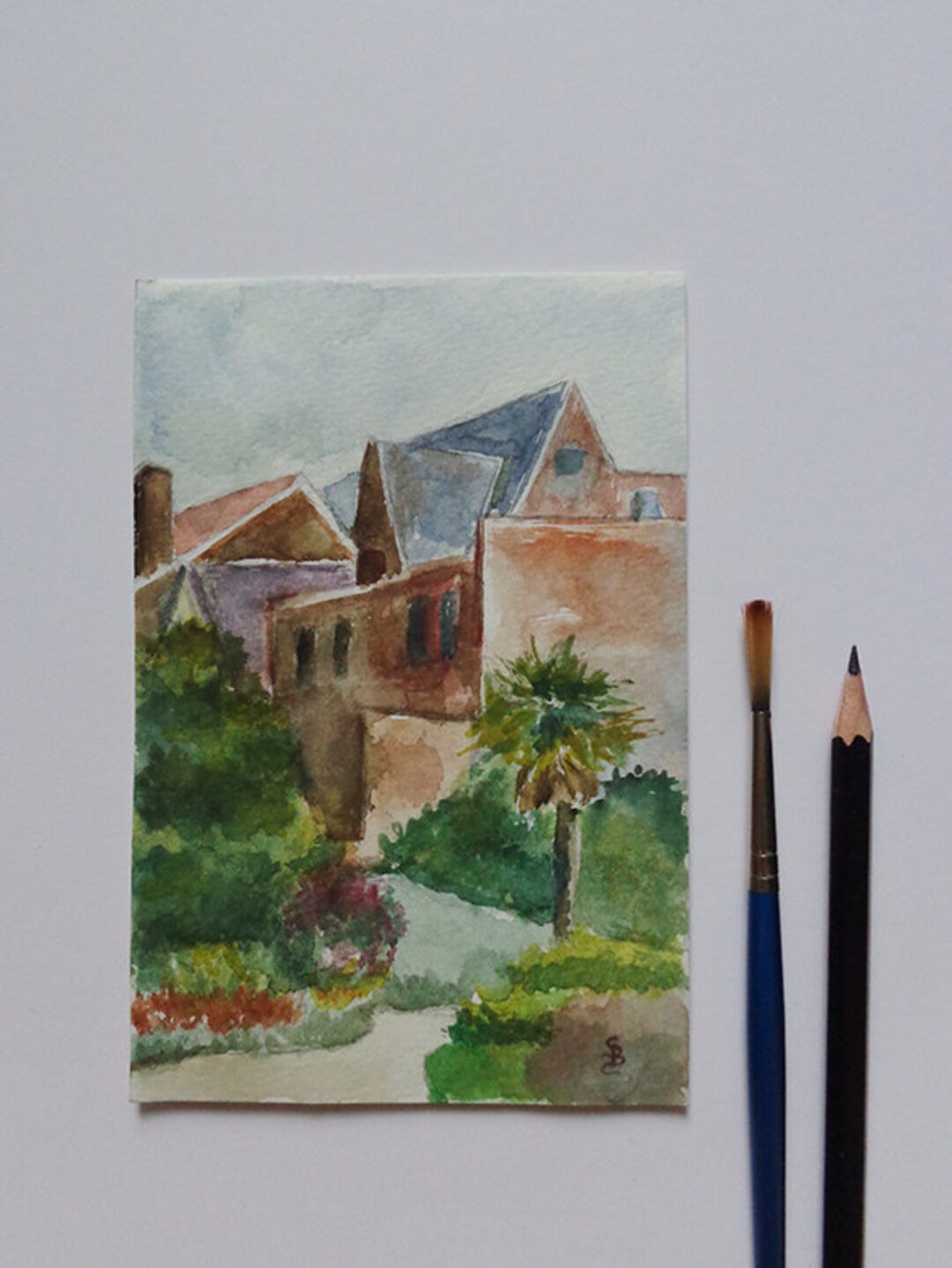 Small Postcard Watercolor Landscape Painting. View From a Garden. - Etsy
