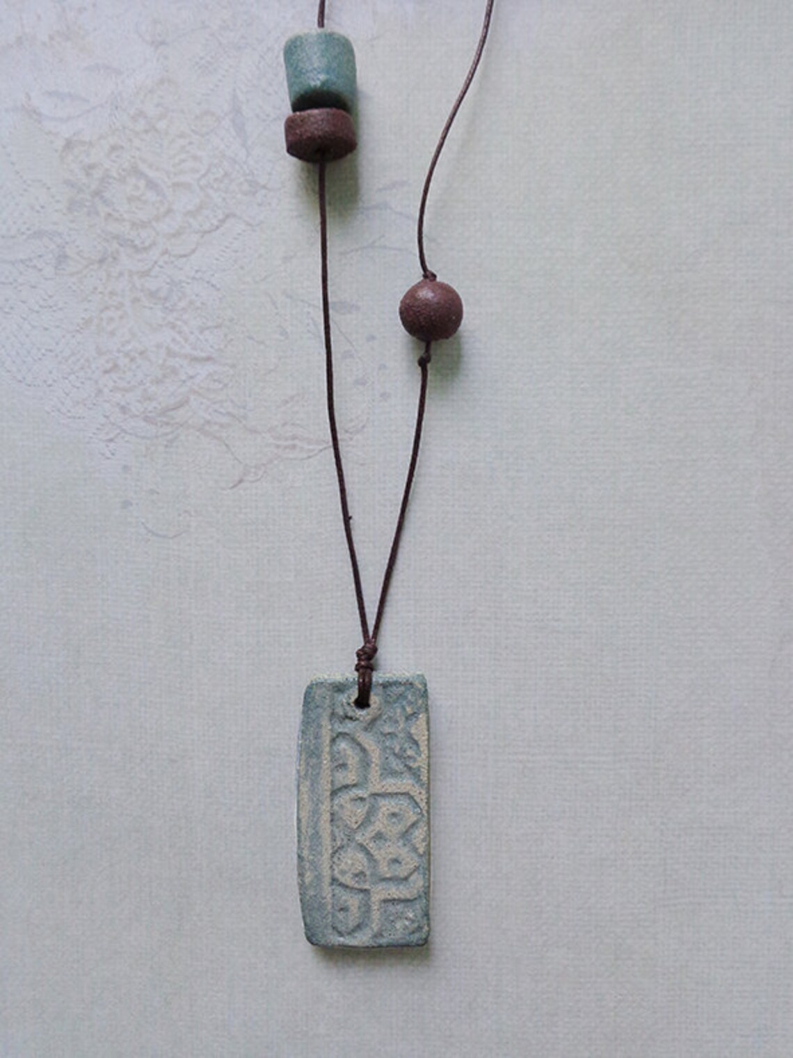 Parallelogram Light Blue Ceramic Handmade Pendant With Imprint. Unique ...
