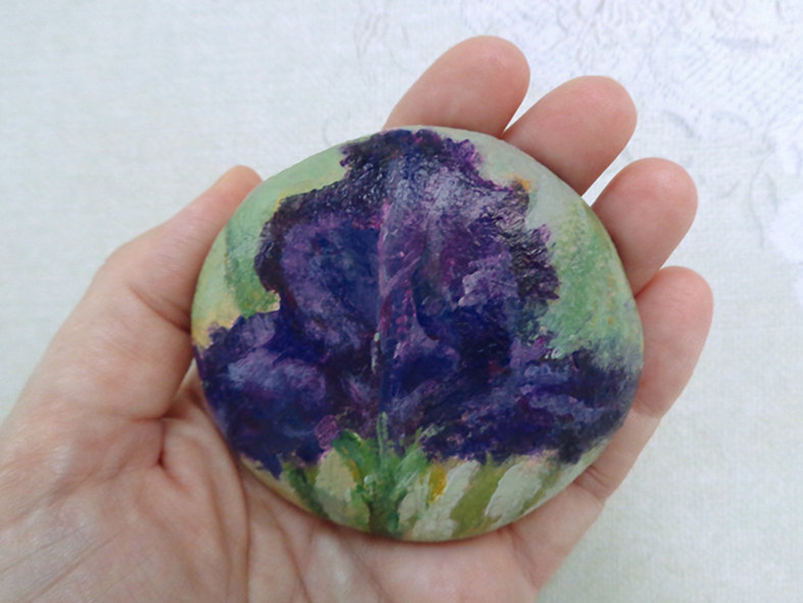 Purple Iris Painting on Clay Paperweight. Ceramic Rock, Hand Painted ...