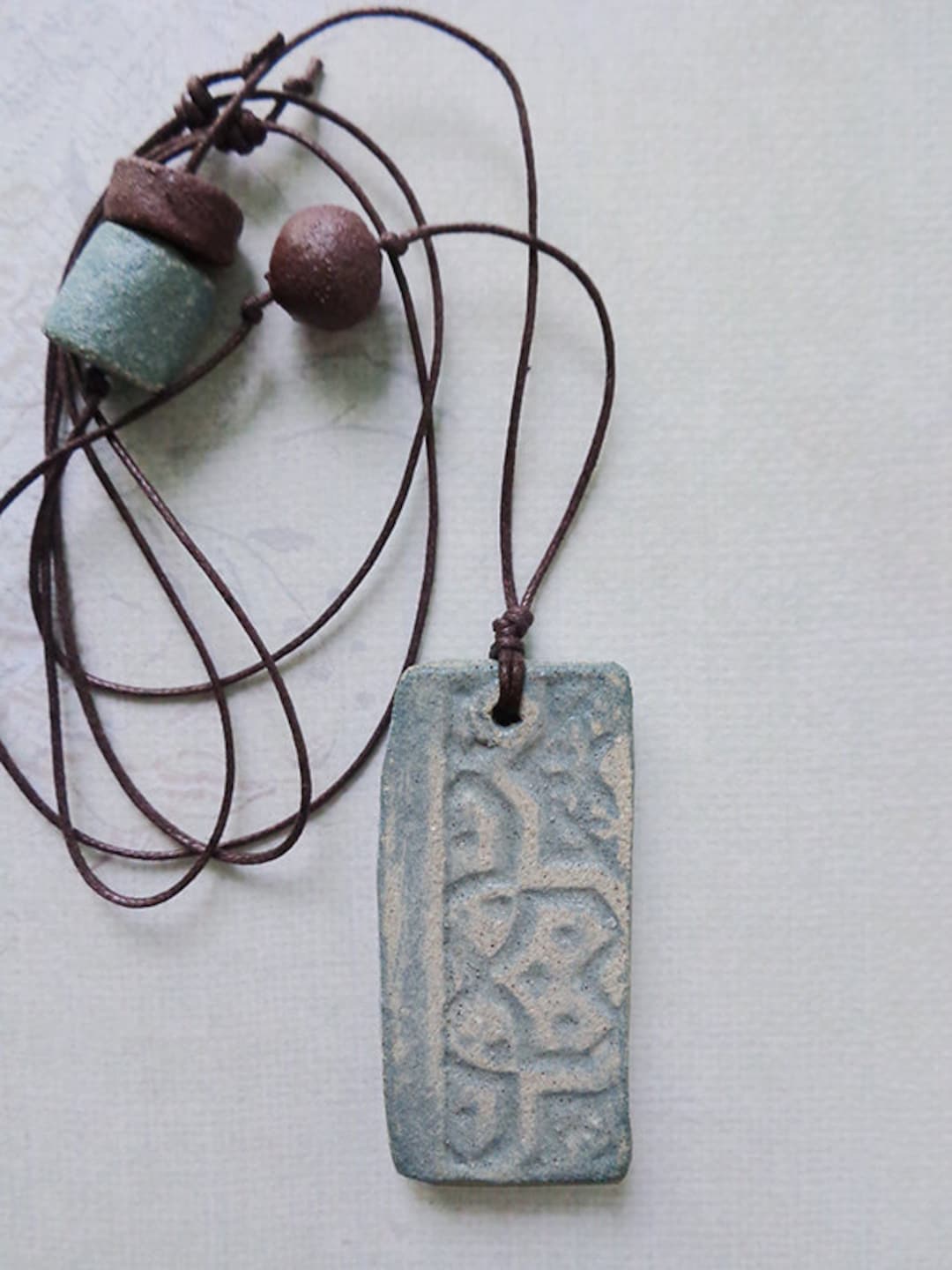 Parallelogram Light Blue Ceramic Handmade Pendant With Imprint. Unique ...