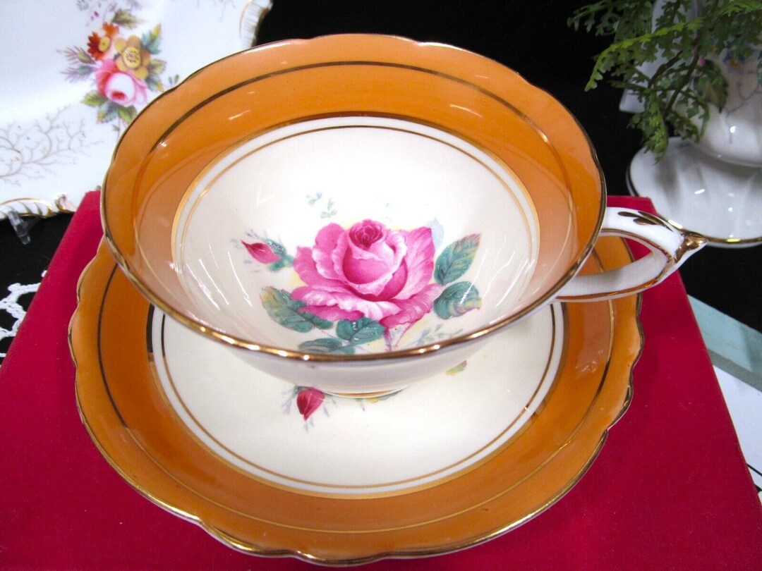 PARAGON Tea Cup & Saucer PINK Cabbage Rose PALE Orange Teacup England ...