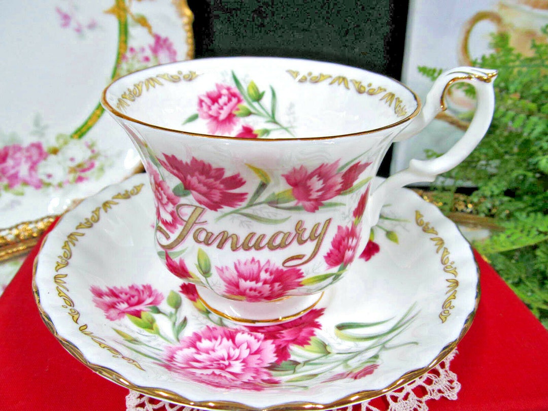 E & R GOLDEN Crown Tea Cup and Saucer January Carnation Teacup England ...