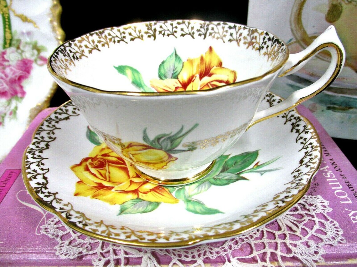 COLLINGWOODS Tea Cup and Saucer Yellow Cabbage Rose Teacup - Etsy