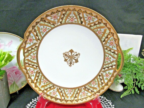 NIPPON painted plate and beaded gold gilt raised design molded flowered ...