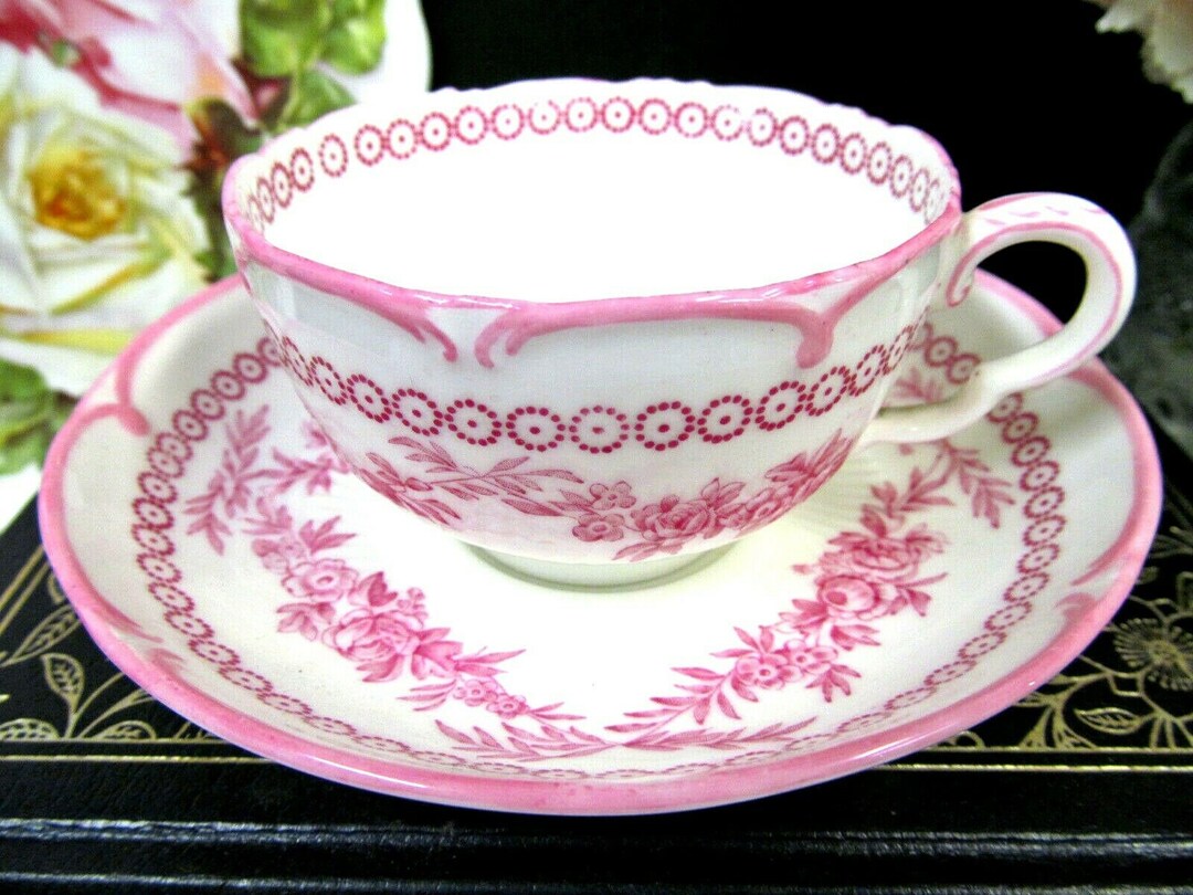 CAULDON Tea Cup and Saucer PINK Rose Swag Embossed Teacup Fancy Handle ...