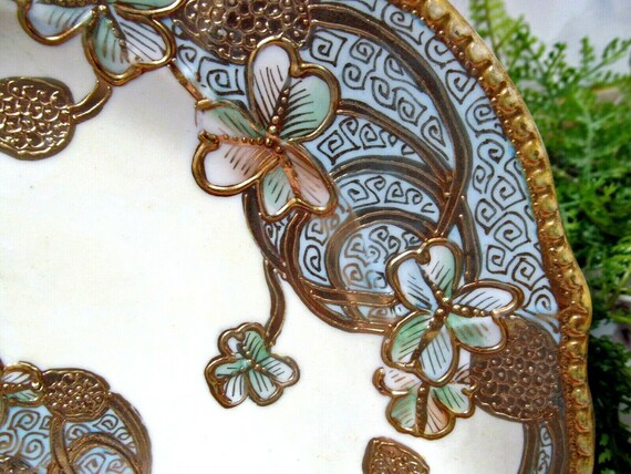 NIPPON painted plate and beaded gold gilt raised design molded flowered ...