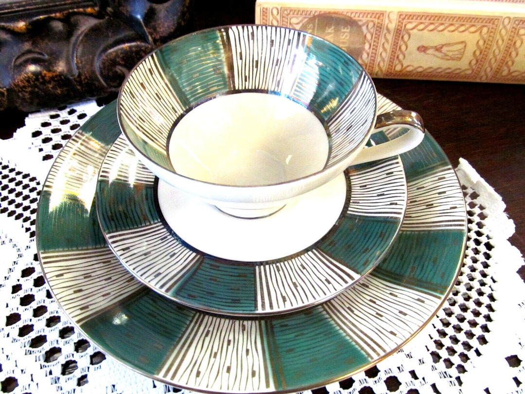 Bavaria Germany Tea Cup and Saucer Trio Green & Gold Gilt Teacup German ...