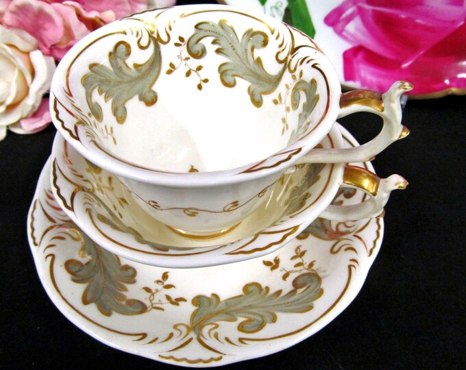 English Antique Rockingham Tea Cup and Saucer C.1838 Gray Scroll Teacup ...