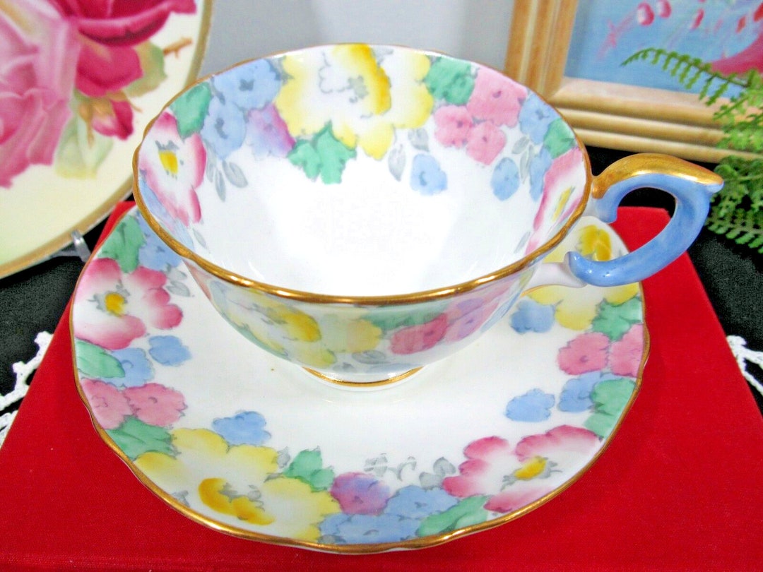 Crown Staffordshire Tea Cup and Saucer Painted Chintz Floral Pastel ...