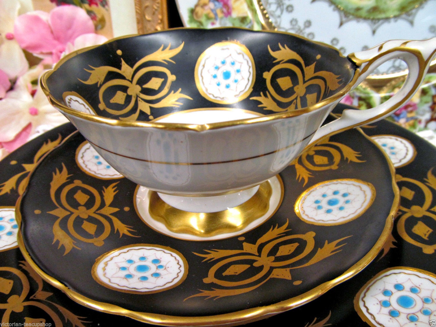 Royal stafford tea cup and saucer BLACK AND GOLD raised | Etsy