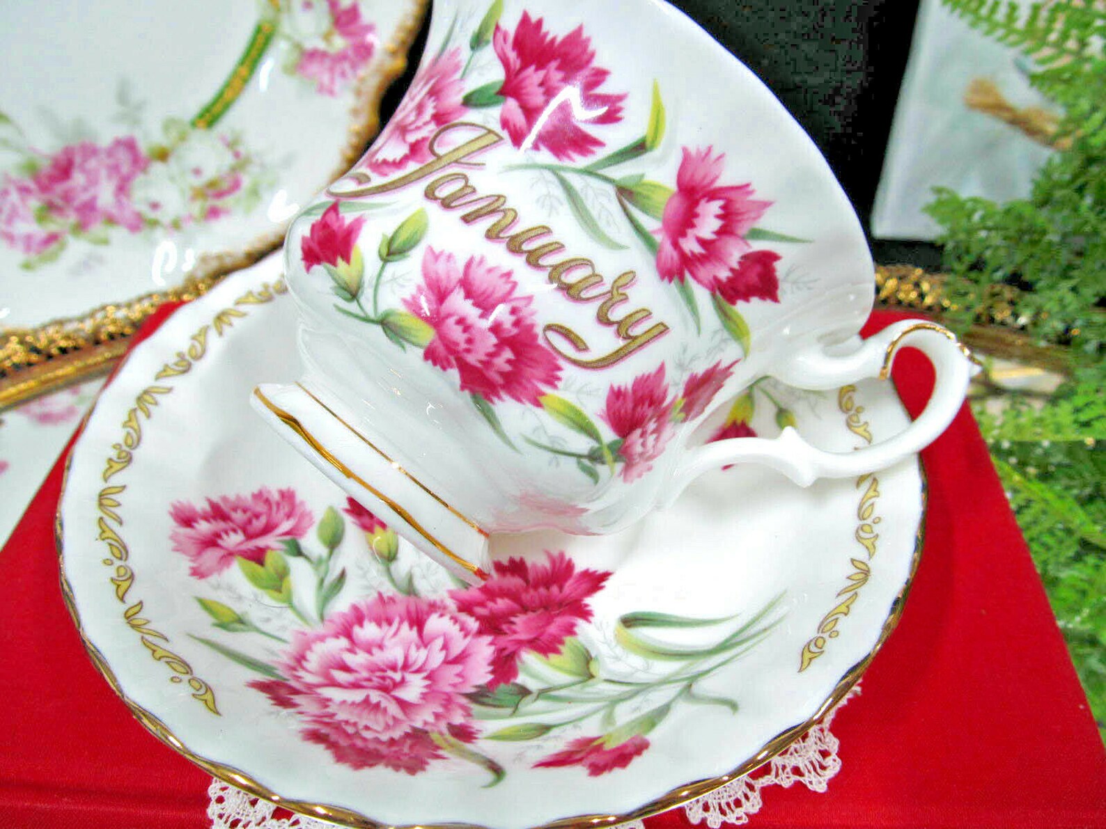 E & R GOLDEN Crown Tea Cup and Saucer January Carnation Teacup England ...