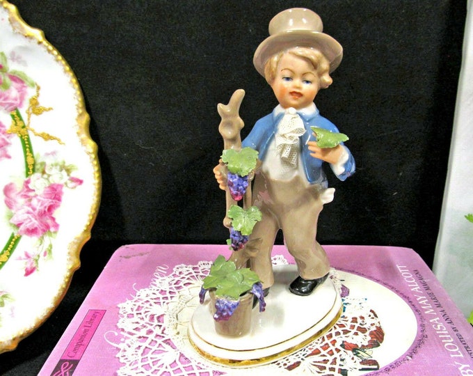 Antique GERMAN Figurine Man Dresden Grape Vine Leaves Boy With Top Hat ...
