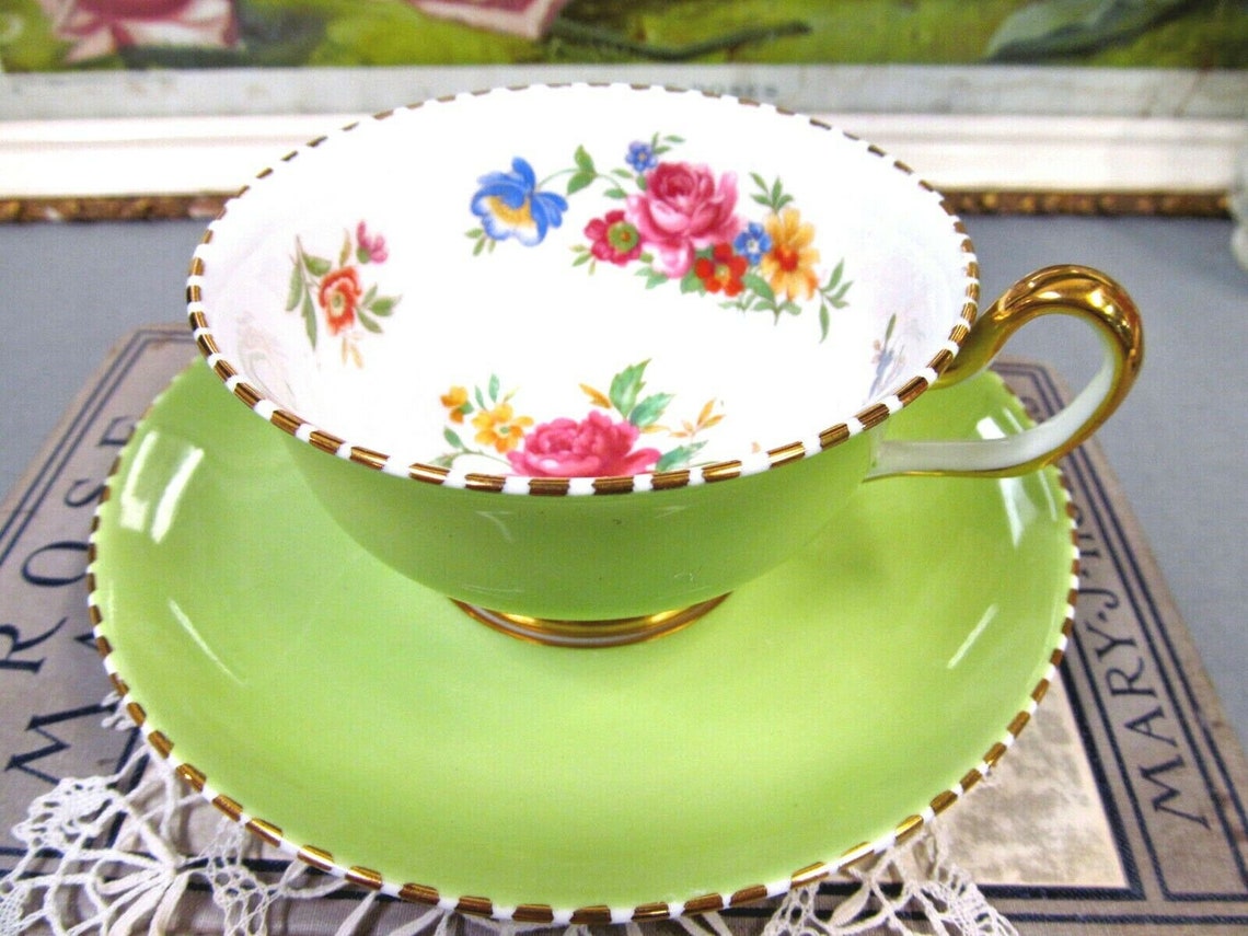 ROYAL CHELSEA Tea Cup and Saucer Lime Green Floral Rose - Etsy