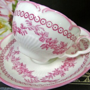 CAULDON Tea Cup and Saucer PINK Rose Swag Embossed Teacup Fancy Handle ...