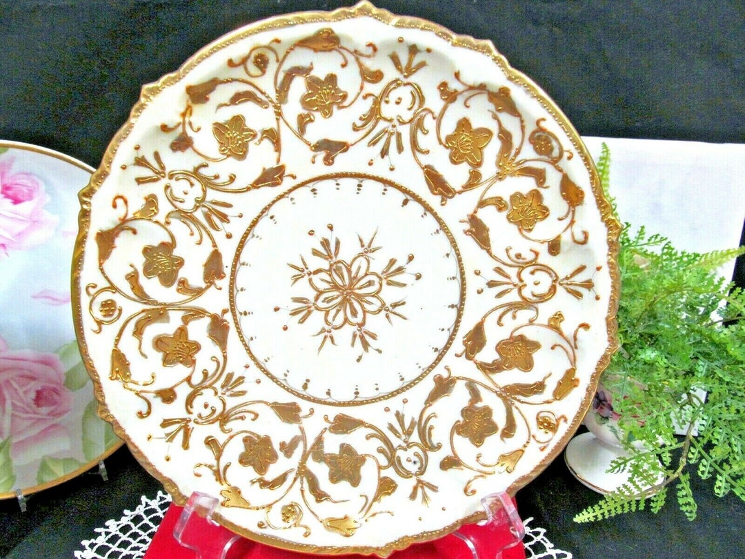 NIPPON Painted Plate and Beaded Gold Gilt Raised Design Molded Flowered ...