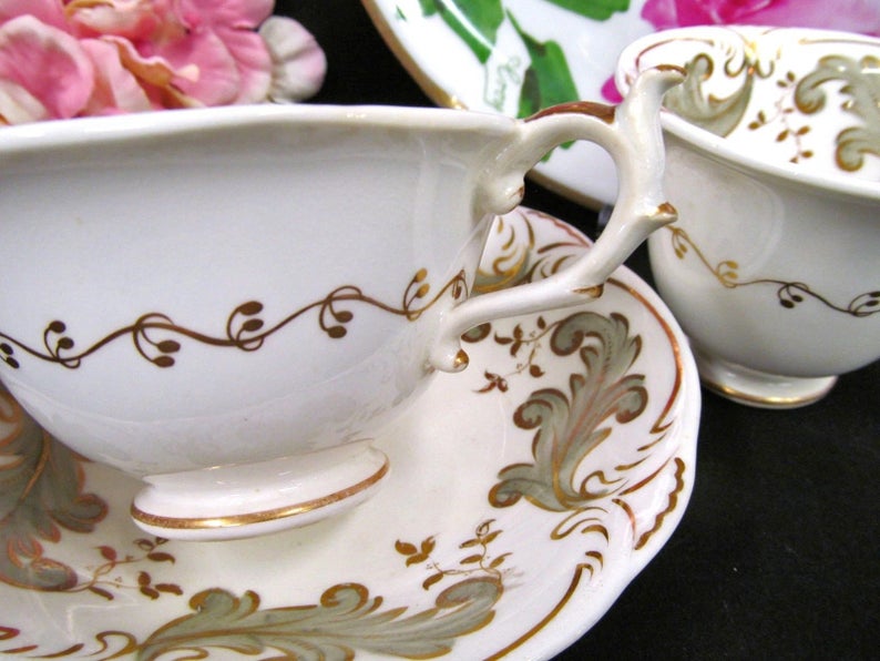 English Antique Rockingham Tea Cup and Saucer C.1838 Gray - Etsy