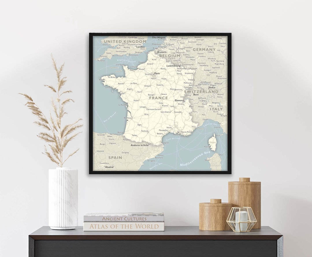 Map of France Framed Wall Art or Print, Detailed Cities With Roads ...