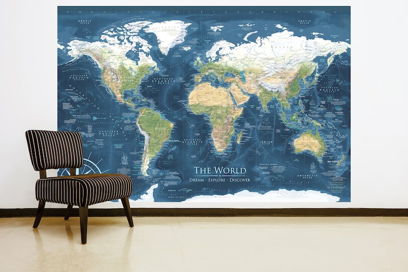 Giant World Map Wallpaper, Earth Wall Decal, Removable Sticker ...