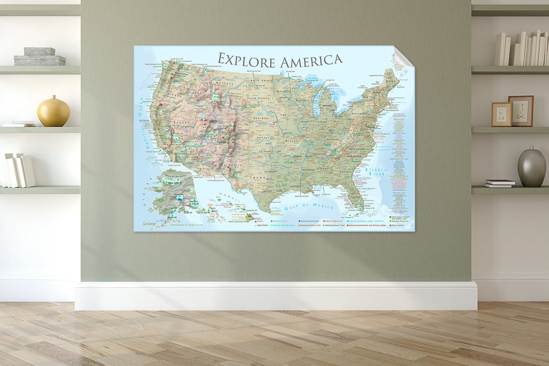 Wall Decal USA Map USA Lite Terrain Wall Sticker Room Decor Map Decor ...