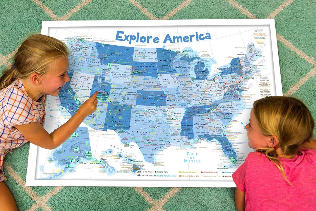 Kids USA Adventure Map With National Parks Travel Checklist, Childrens ...