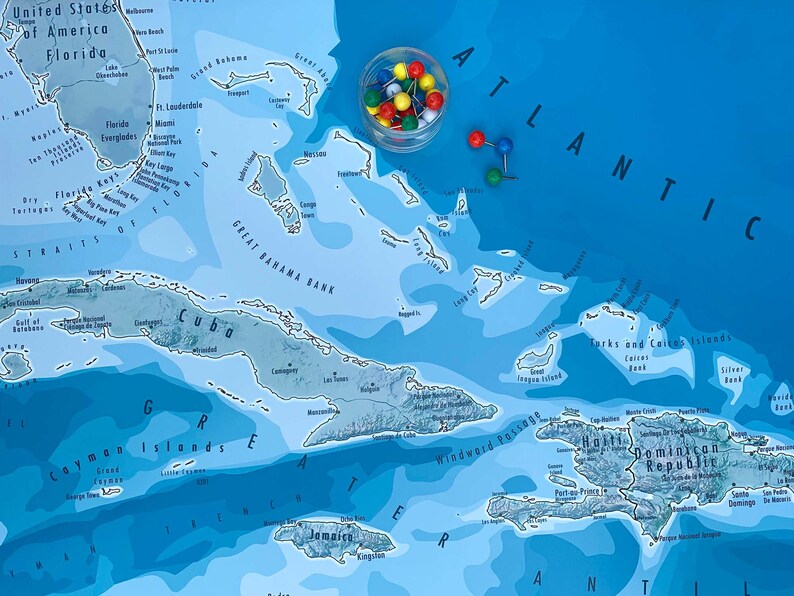 Caribbean Map, Detailed Oceanography - Features Florida Keys and Island ...