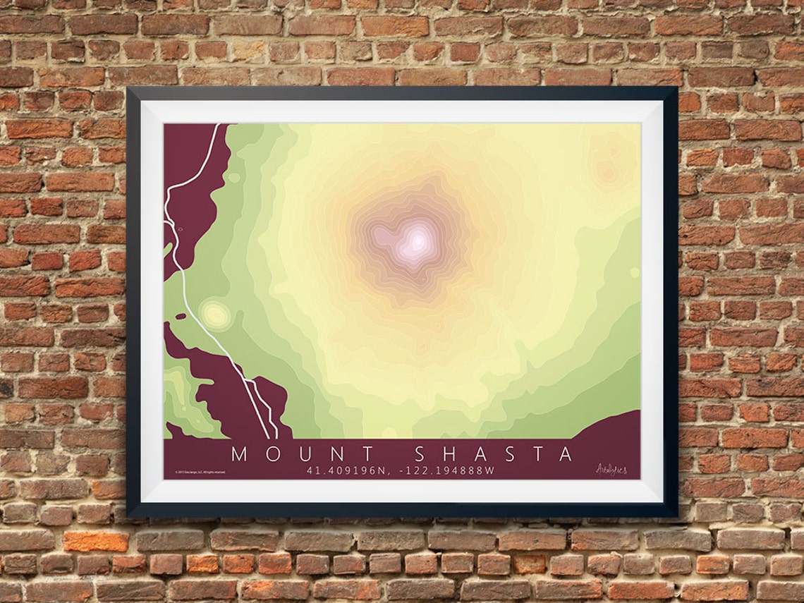Mount Shasta Map Art Mt Shasta Climb Every Mountain Topo | Etsy