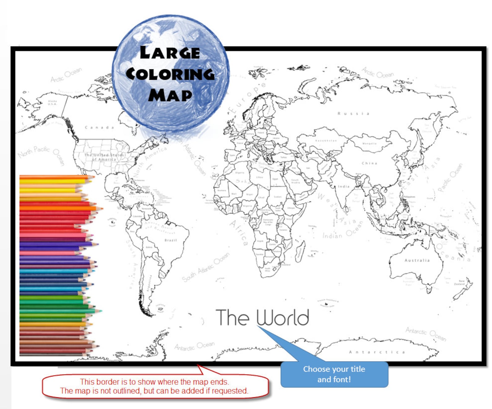 World Map Outline Poster Coloring Map Custom Title - Etsy