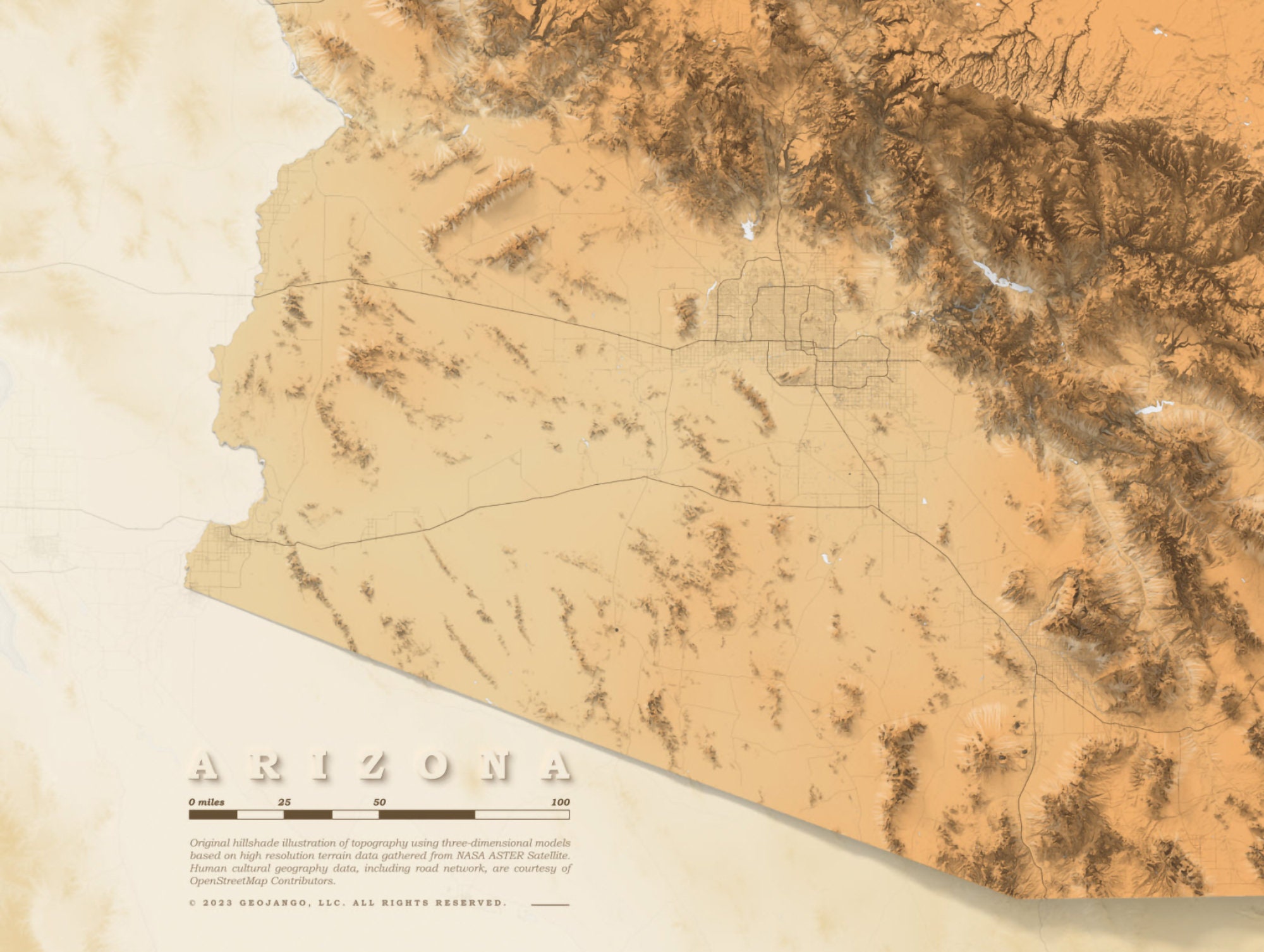 Arizona Map Topographic Shaded Relief, Elevation, Hydrology, Roads ...