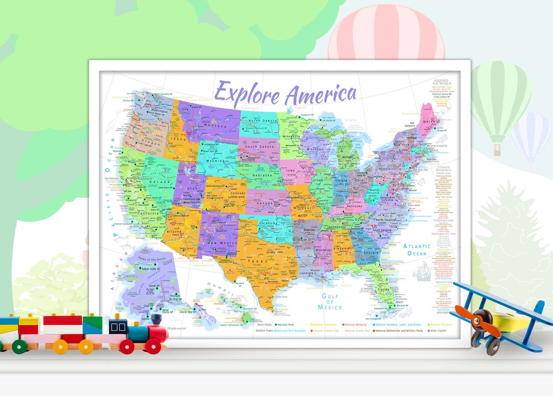 USA Sticker Map for Kids With National Parks Framed Sticker - Etsy