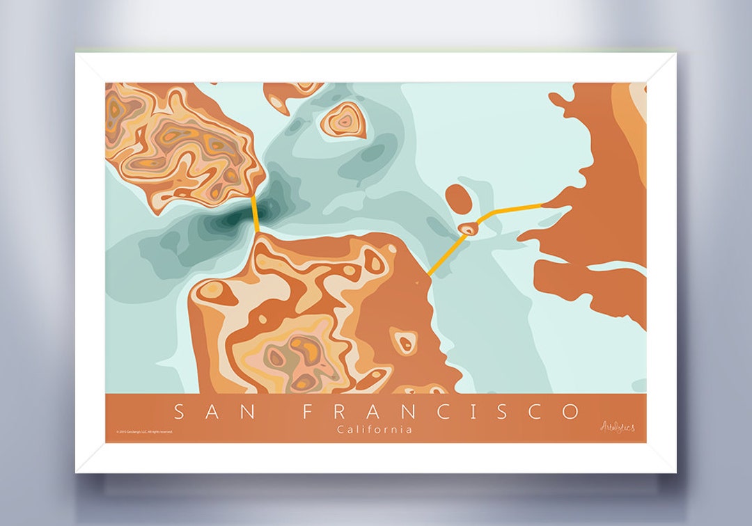 San Francisco Map Wall Art, Topo Contour Map of the Terrain and SF Bay ...