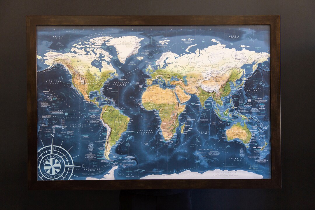 Large World Push Pin Map, Detailed Countries, Framed Map, Stretched ...