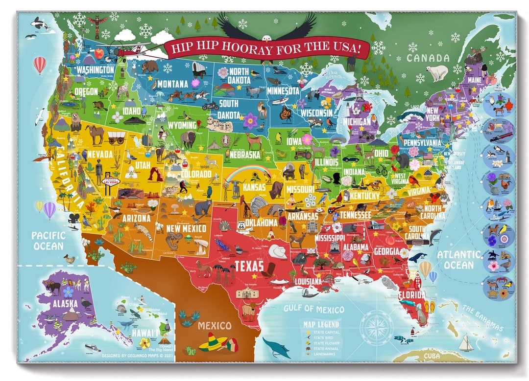 Large USA Map for Kids, Colorful Beautifully Illustrated Landmarks ...