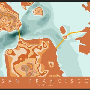 San Francisco Map Wall Art, Topo Contour Map of the Terrain and SF Bay ...