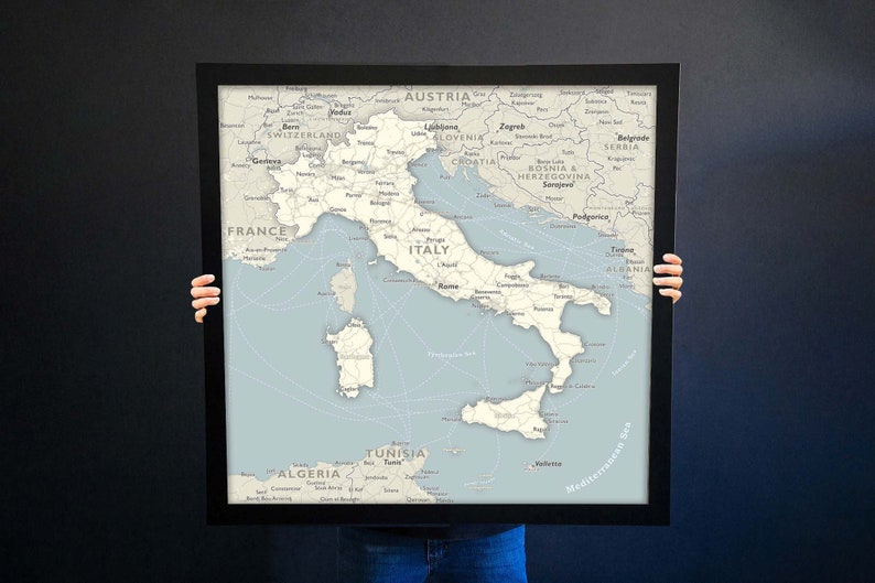 Map of Italy Wall Art Framed or Print, Detailed Cities With Roads ...